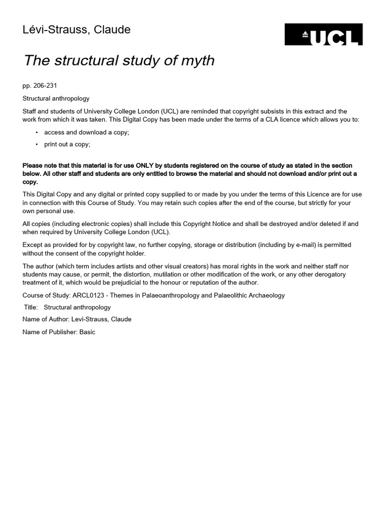 The Structural Study of Myth: Lévi-Strauss, Claude | PDF