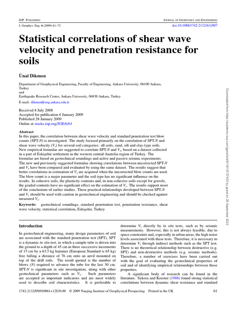 Statistical Correlations of Shear Wave Velocity and Penetration Resistance For Soils | PDF ...
