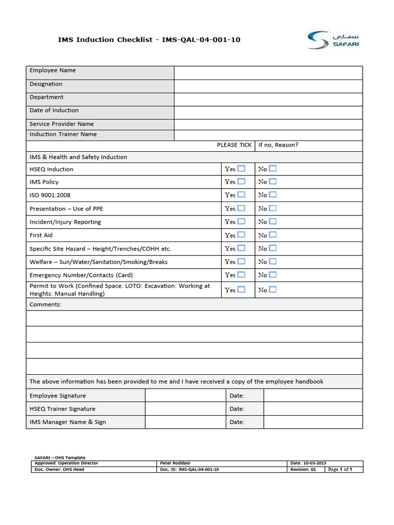 IMS Safety Induction Checklist | PDF