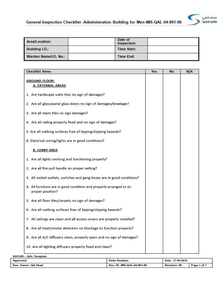 08 General Inspection Checklist | PDF | Elevator | Door