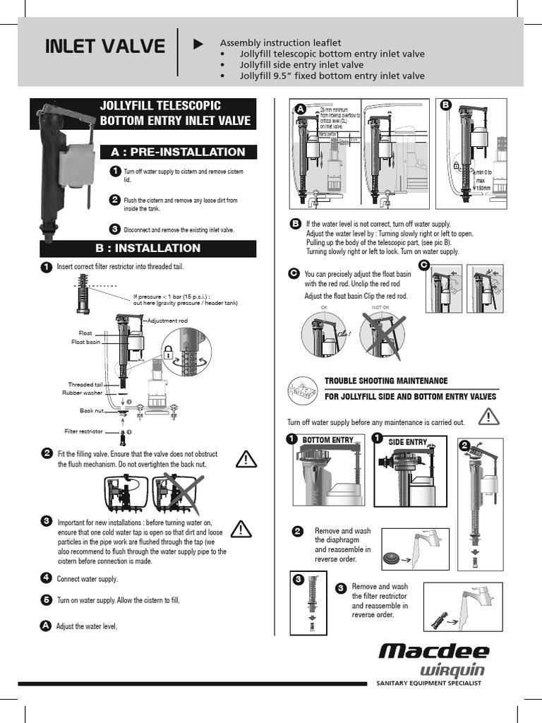Macdee Wirquin Jollyfill Telescopic Inlet Valve Instructions | PDF ...