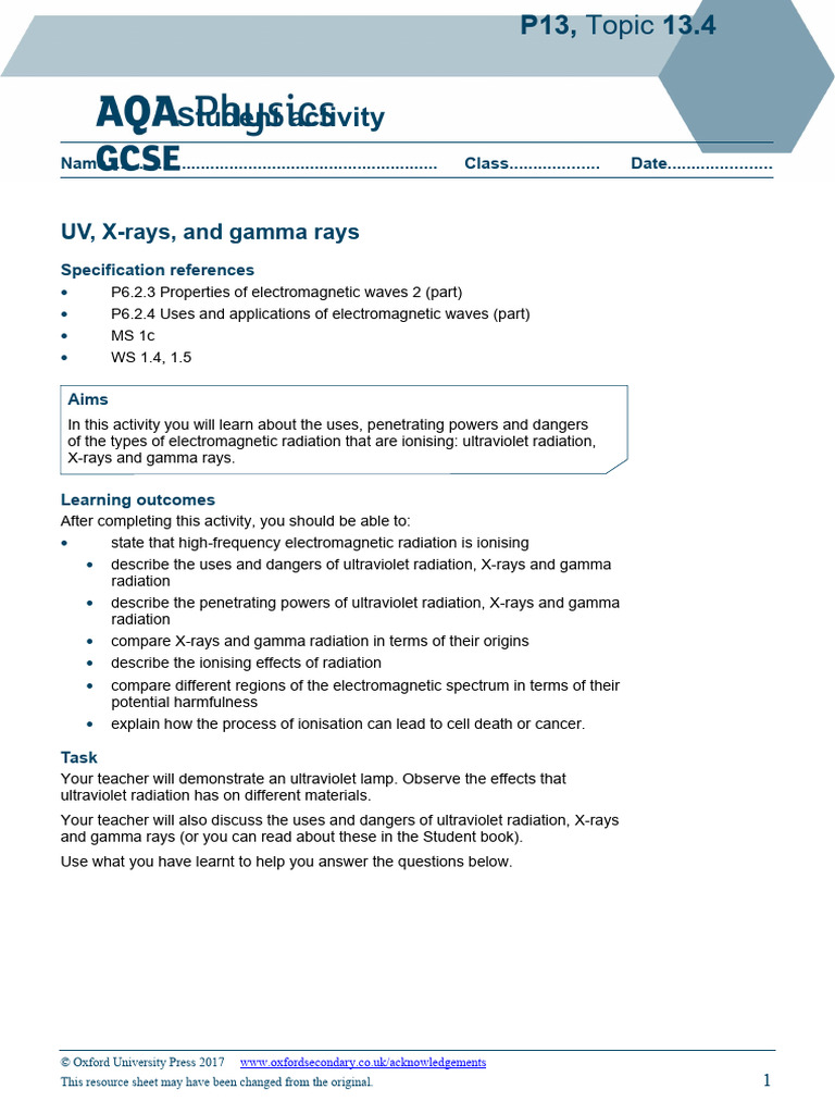 13.4 Student Activity Sheet | PDF | Electromagnetic Radiation | Gamma Ray