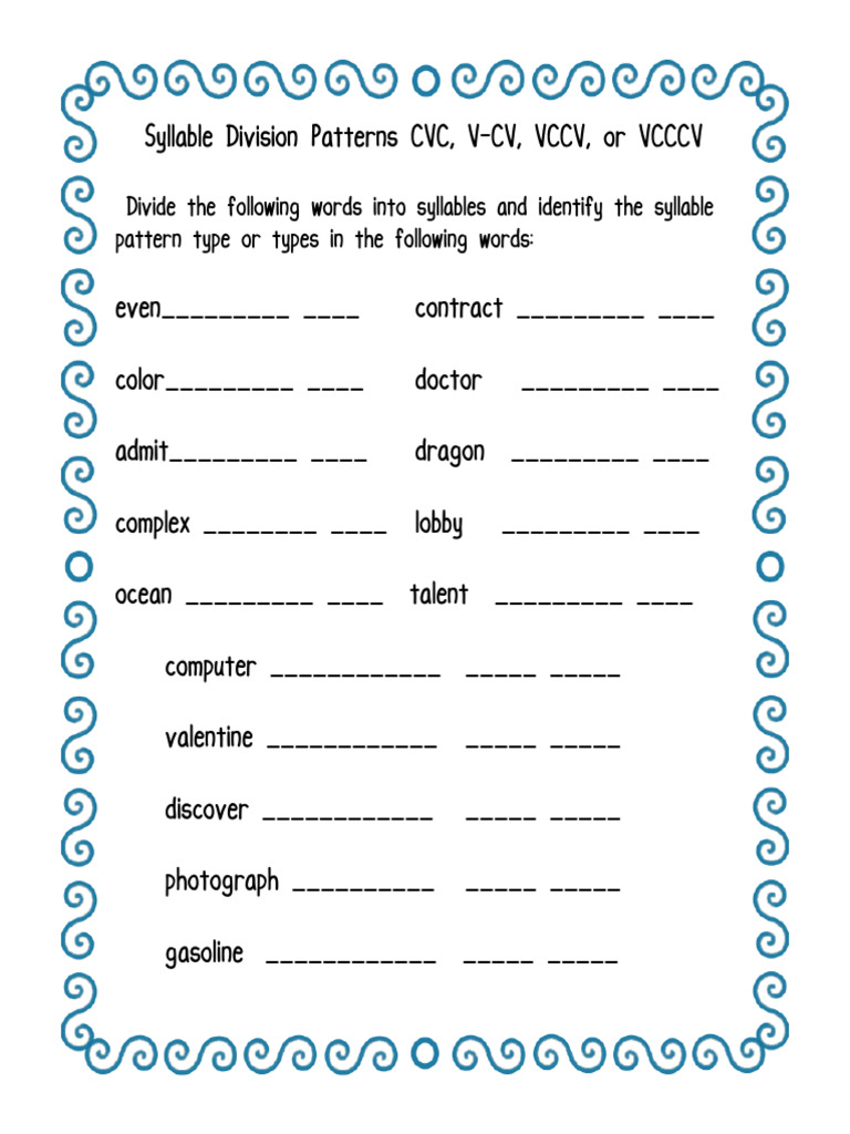 Syllable Division Practice VCVCVCVCCVVCCCV | PDF