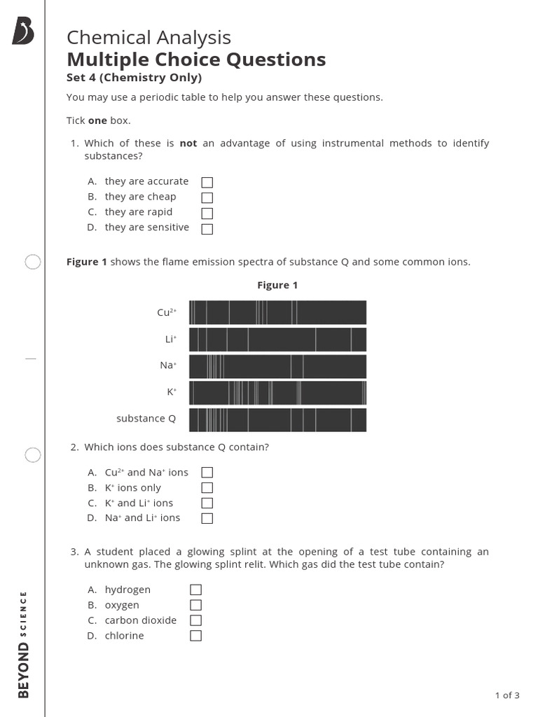 Chemical Analysis Multiple Choice Questions Set 4 (Chemistry Only) | PDF | Chemical Substances ...