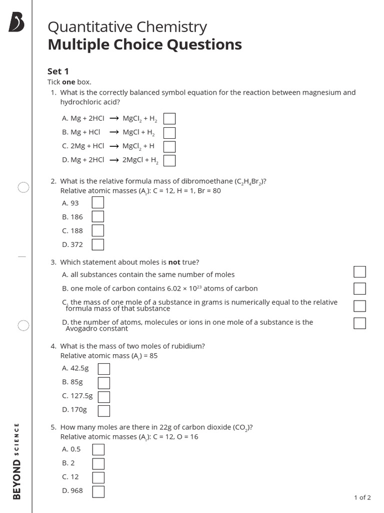 Quantitative Chemistry Multiple Choice Questions Higher Set 1 | PDF ...