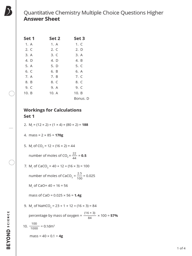 Quantitative Chemistry Multiple Choice Questions Higher Answer Sheet ...