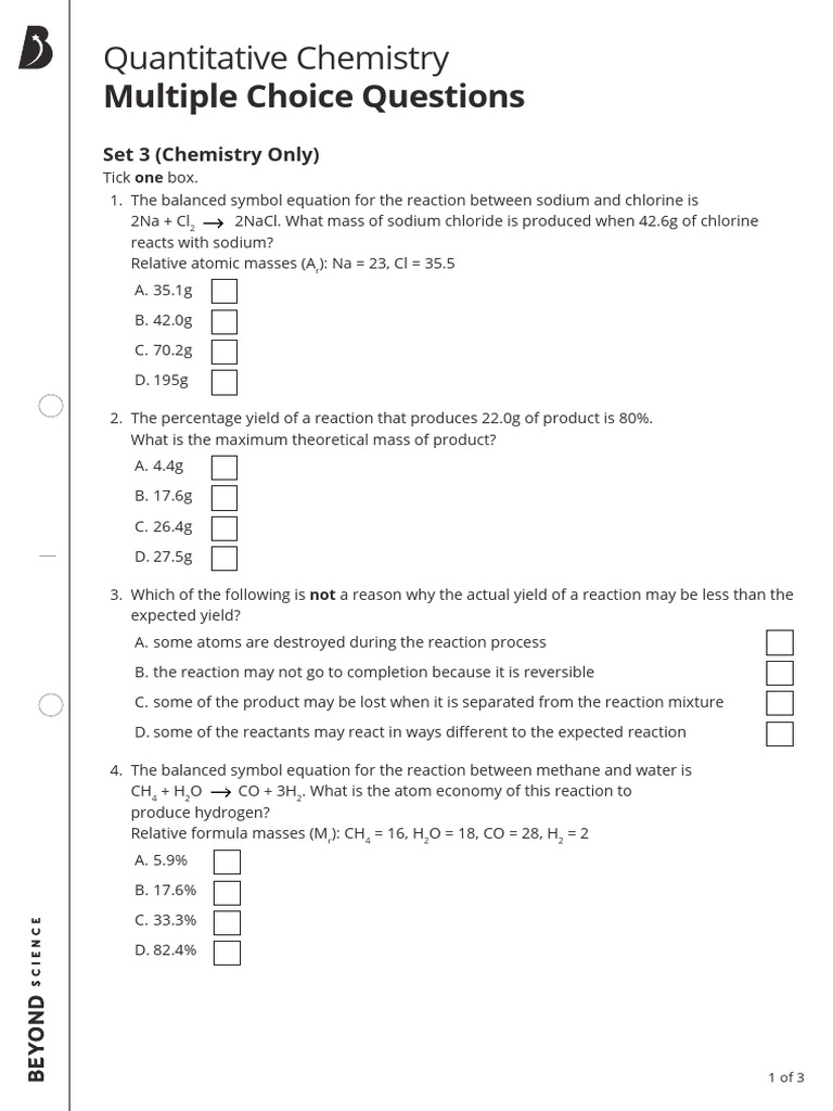 Quantitative Chemistry Multiple Choice Questions Higher Set 3 ...