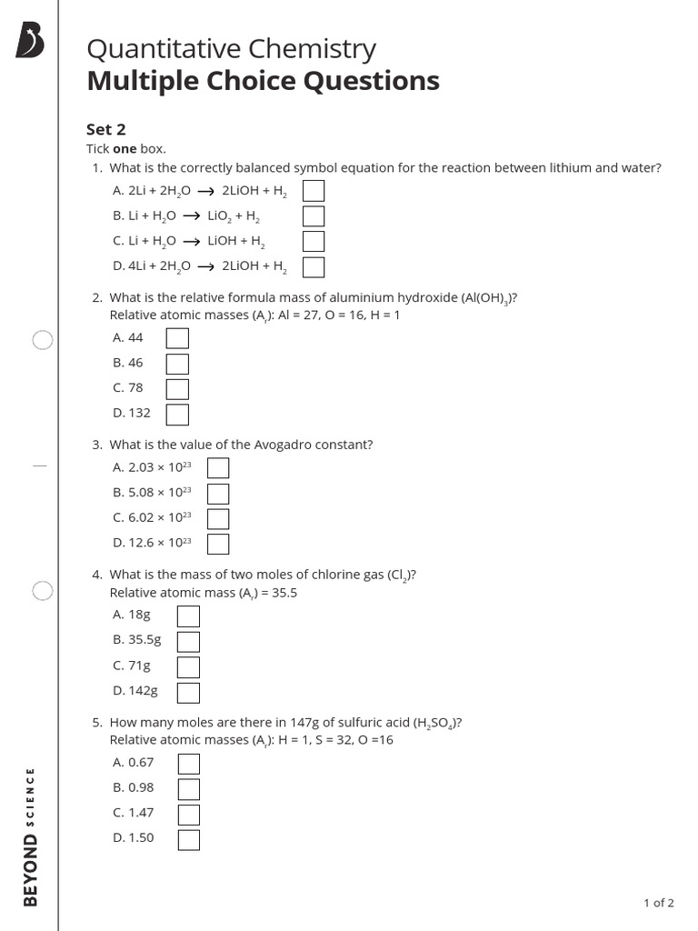 Quantitative Chemistry Multiple Choice Questions Higher Set 2 | PDF