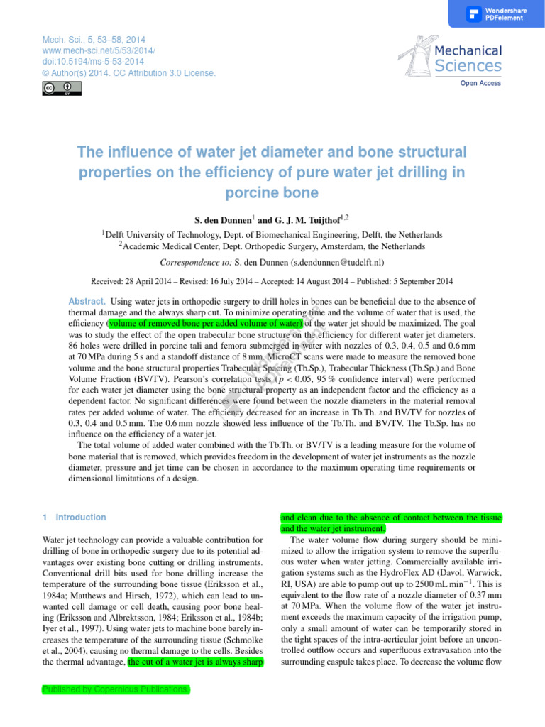 2014 Efficiency of Pure Water Jet Drilling in Porcine Bone | PDF