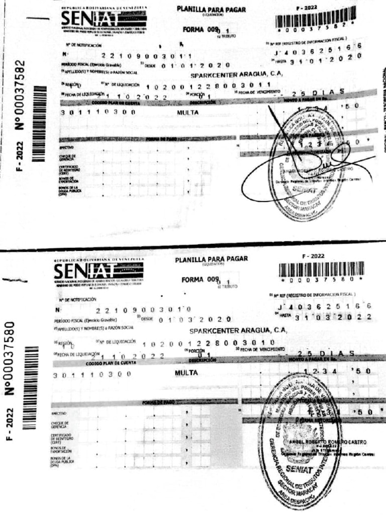 Modelo de Multa Seniat Venezuela | PDF