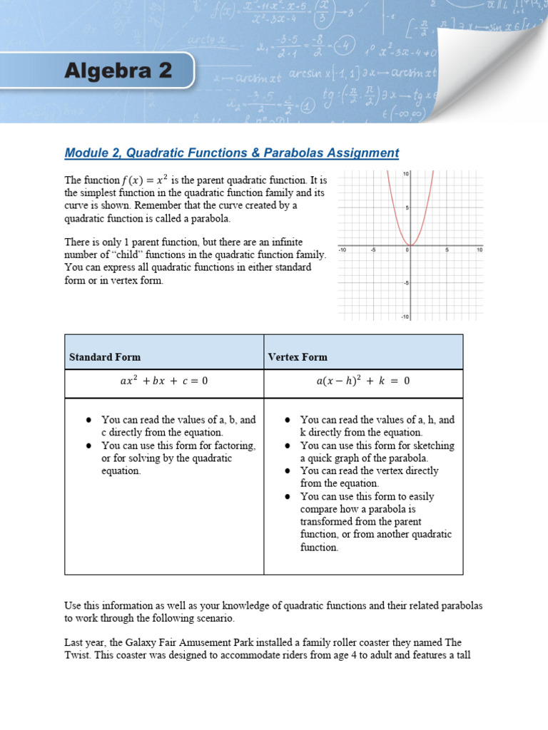 Module 2, Quadratic Functions & Parabolas Assignment: Standard Form Vertex Form | PDF | Algebra ...