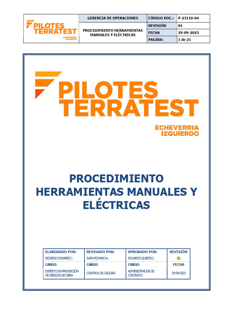 P-23110-04 Procedimiento Herramientas Manuales y Eléctricas - Comentado | PDF | Perforar ...