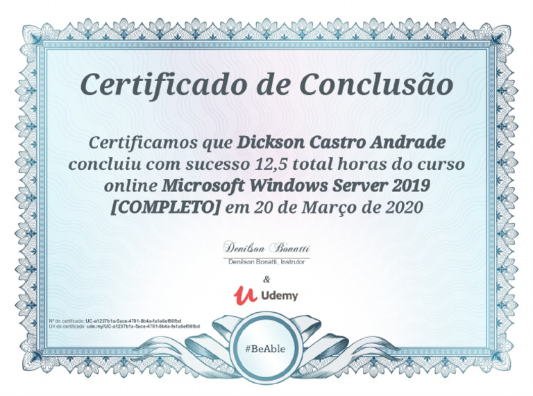 Certificado Treinamento Windows Server 2019 | PDF