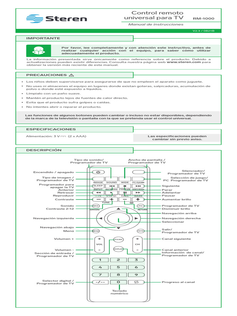 RM 1000 V2 Instr | PDF | Control remoto | Electrónica de consumo