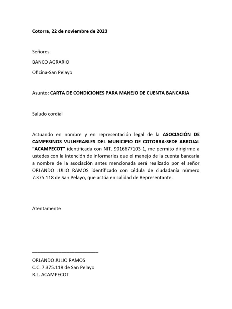 Carta de Condiciones para Manejo de Cuenta Bancaria Papi | PDF Carta de Condiciones para Manejo de Cuenta Bancaria Papi | PDF
