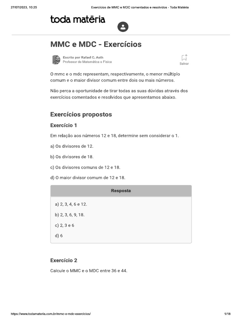 Exercício MMC e MDC 01 - Gabarito | PDF