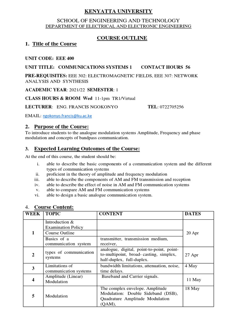 01 EEE 400 Course Outline Rev1 | PDF | Modulation | Frequency Modulation