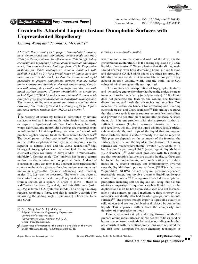 Covalently Attached Liquids - Instant Omniphobic Surfaces ...