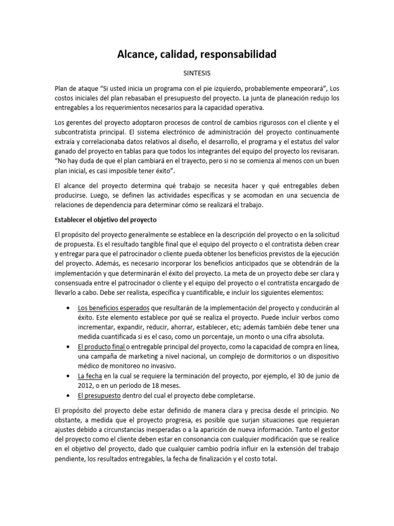 Alcance, Calidad, Responsabilidad | PDF | Planificación | Sistema de ...