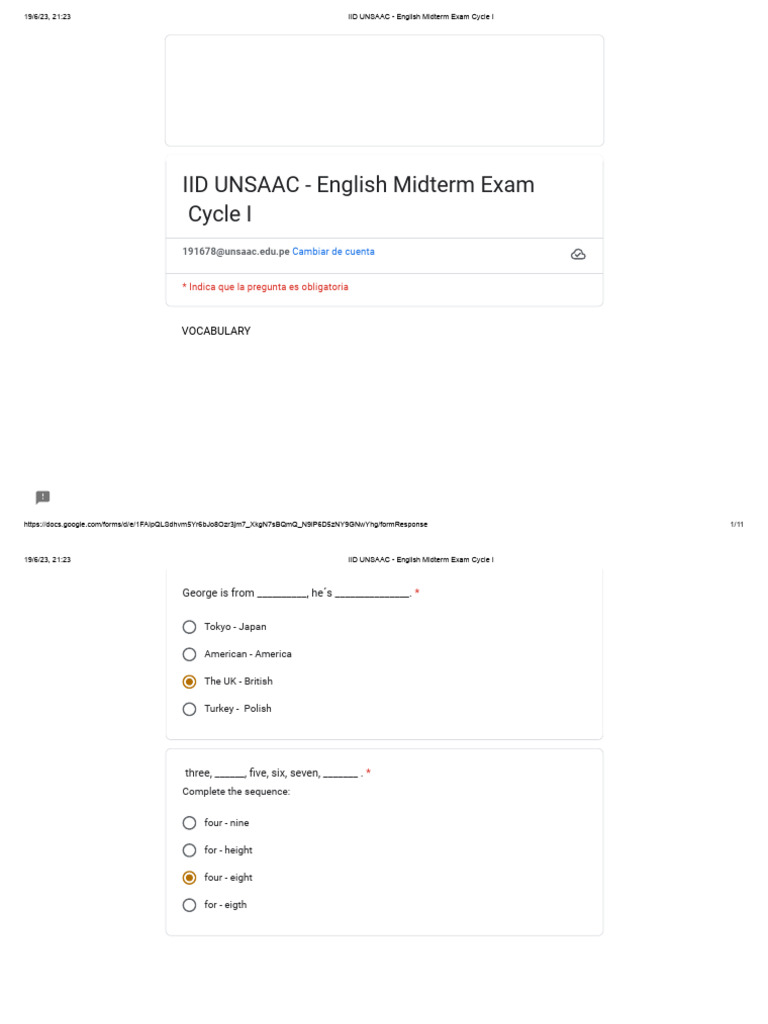 IID UNSAAC - English Midterm Exam Cycle I | PDF