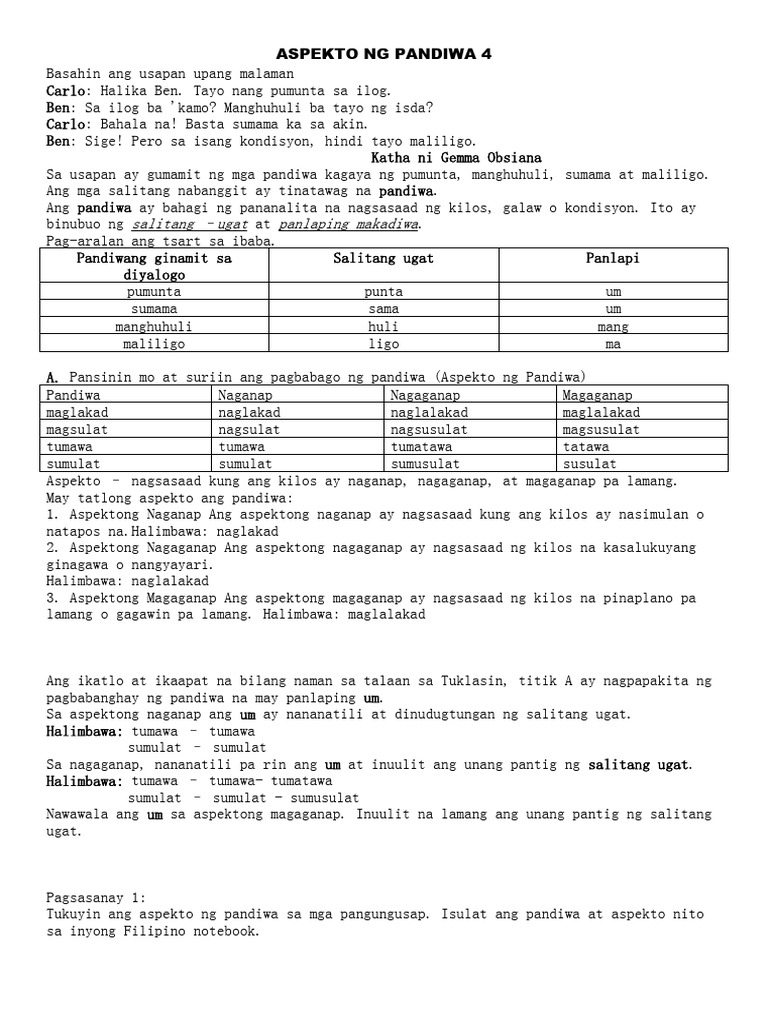 Aspekto NG Pandiwa Grade 4 Modyul | PDF