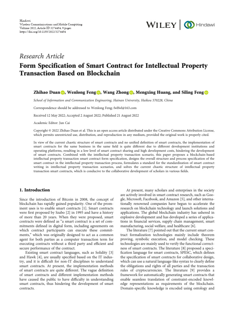 Research Article Form Specification of Smart Contract For Intellectual Property Transaction ...