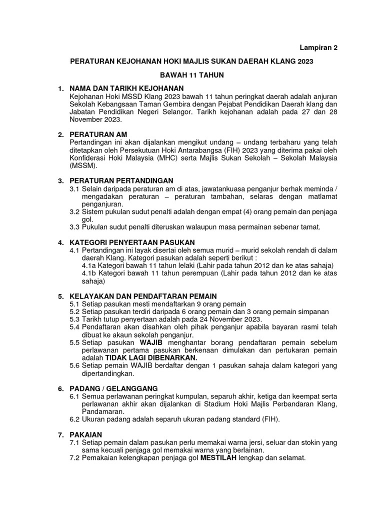 Peraturan Kejohanan Hoki Majlis Sukan Daerah Klang 2023 | PDF