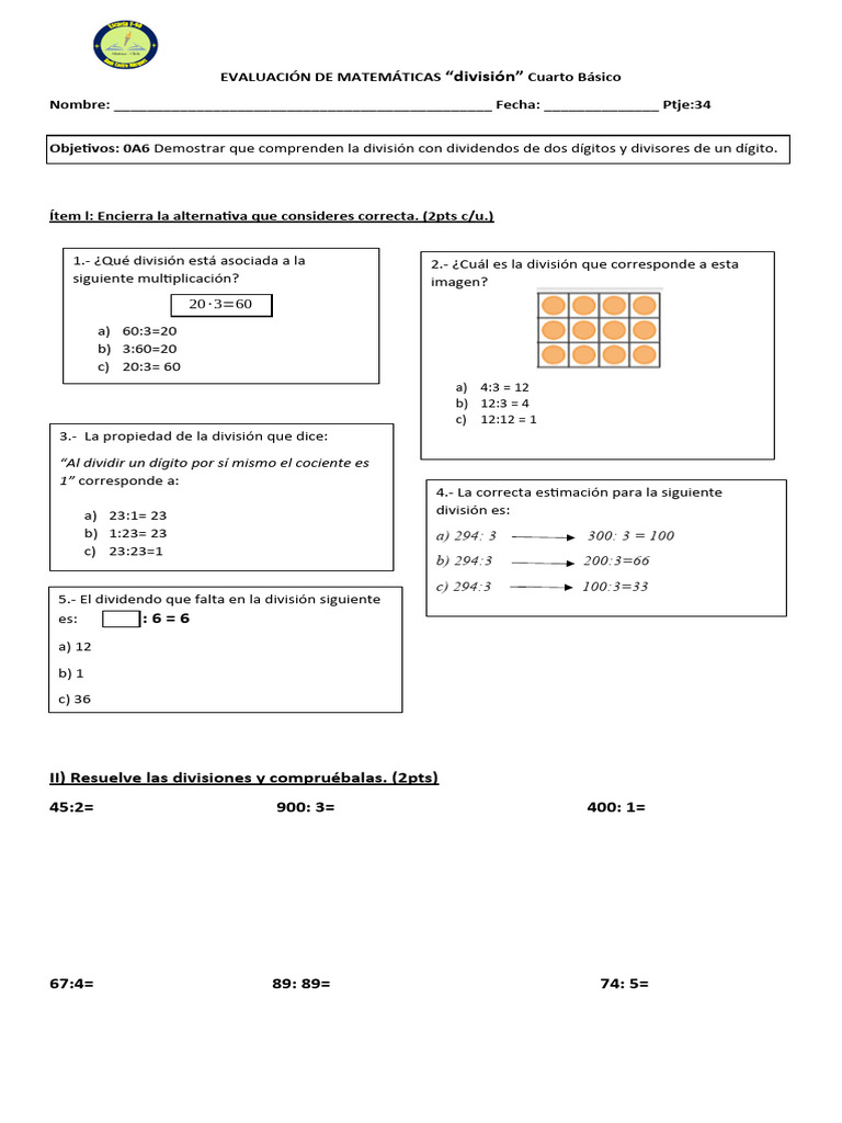 Evaluación de División Cuarto Básico | PDF | División (Matemáticas ...