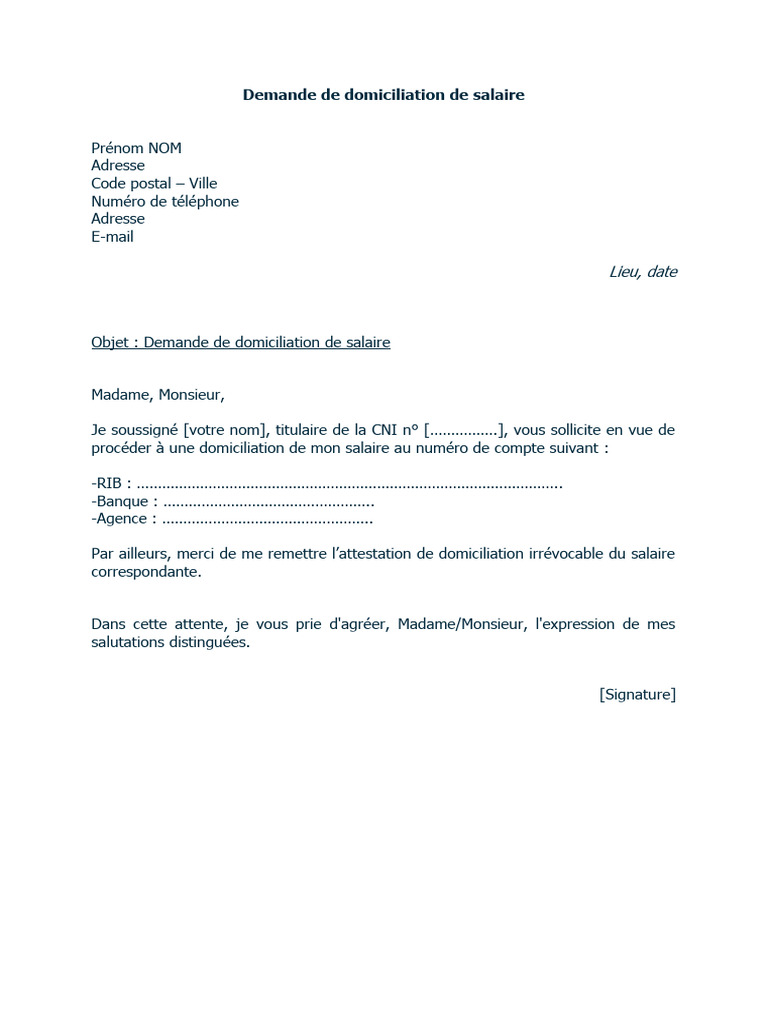 Demande de Domiciliation de Salaire | PDF | Finance et gestion monétaire