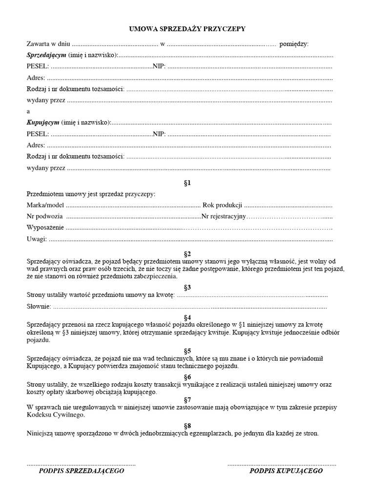 Umowa Kupna Sprzedazy Przyczepy | PDF