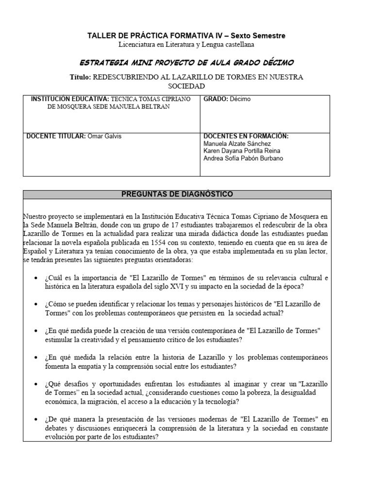 ESTRATEGIA MINI PROYECTO DE AULA GRADO DECIMO 2 Final | PDF | Enseñando | Aprendizaje