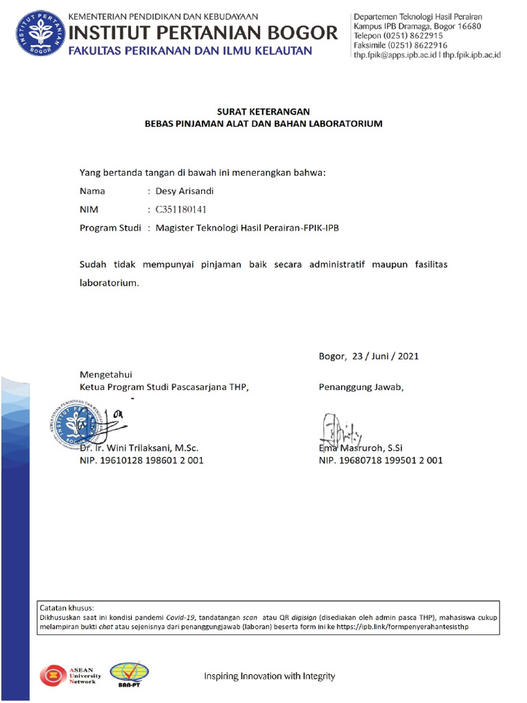 Form Surat Keterangan Bebas Pinjaman Alat Lab-Desy Arisandi | PDF