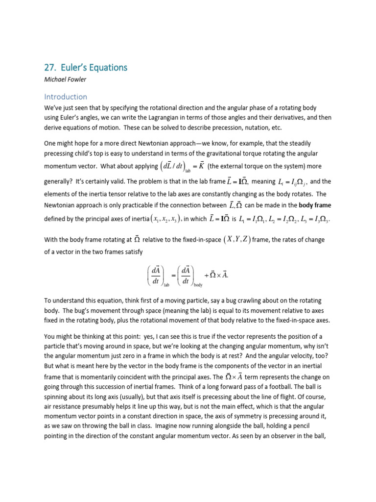 Cm 27 Eulers Equations Pdf Rotation Around A Fixed Axis Angular