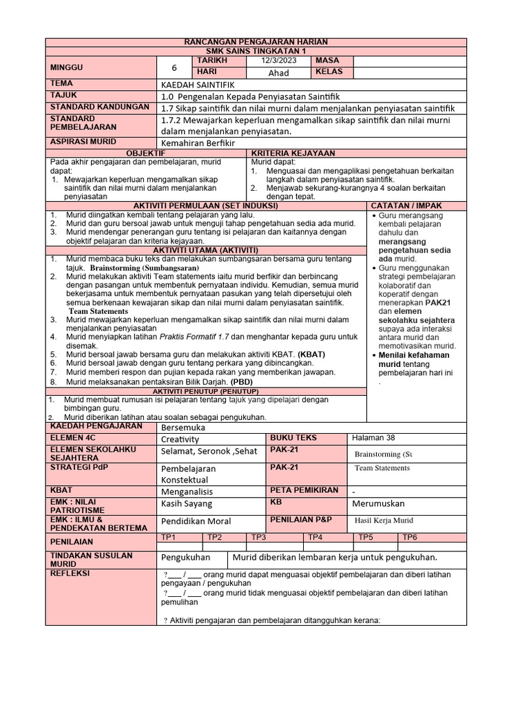 RPH Minggu 6 Sains Tingkatan 1 2023-2024 by Cikgu Gorgeous | PDF