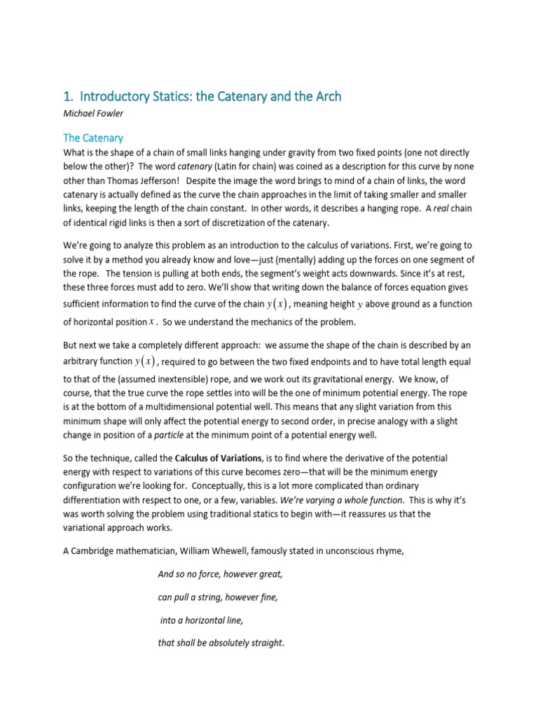 Statics: Catenary & Arch Analysis | PDF | Force | Mechanics