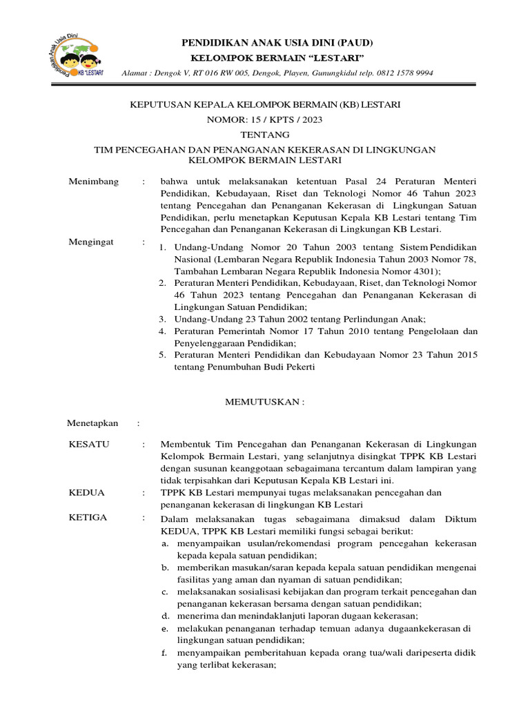 Tim Pencegahan Kekerasan KB Lestari | PDF