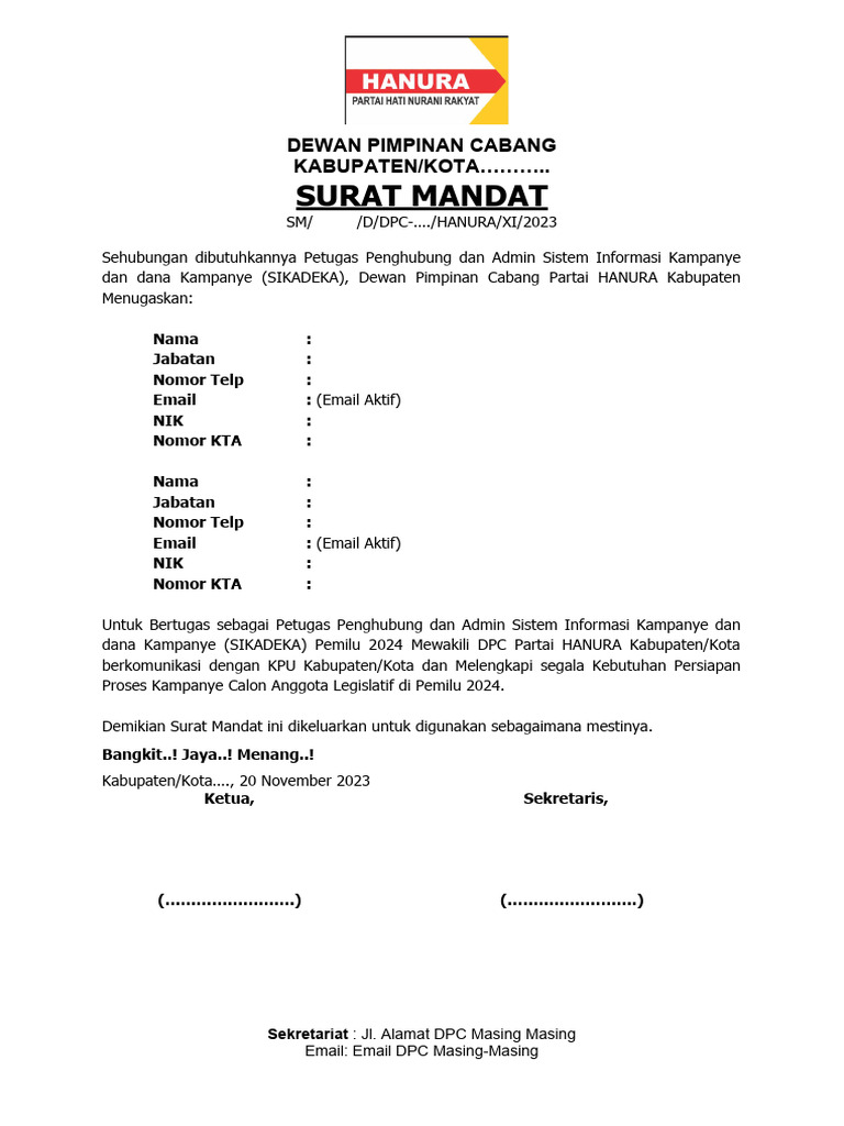 Surat Mandat DPC Partai HANURA 2023 | PDF
