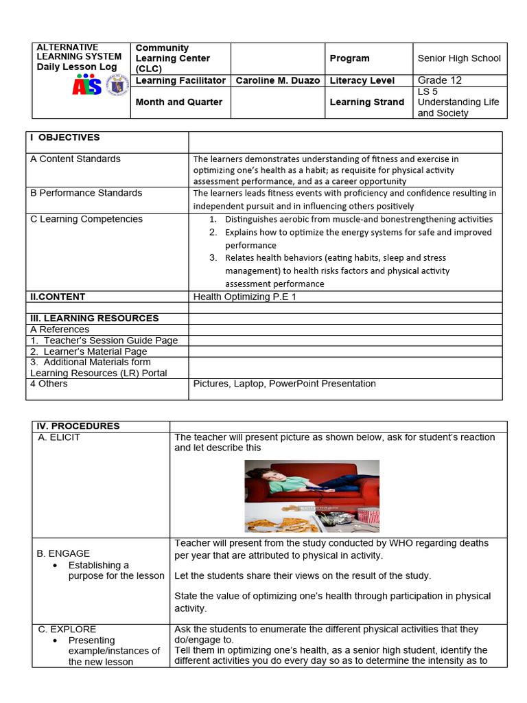 ALS-SHS-DLL Physical Education 1 | PDF | Learning | Teachers