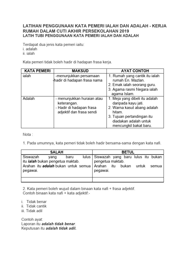 Latihan Penggunaan Kata Pemeri Ialah Dan Adalah | PDF