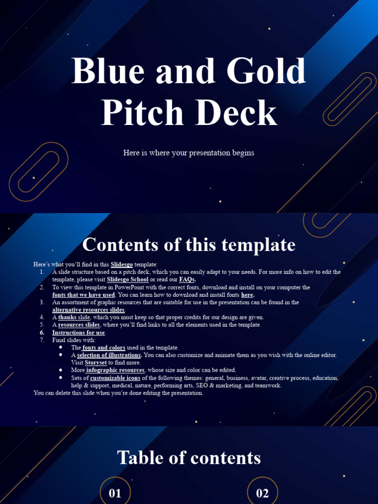 Blue and Gold Pitch Deck Template | PDF | Planets | Planets In Astrology
