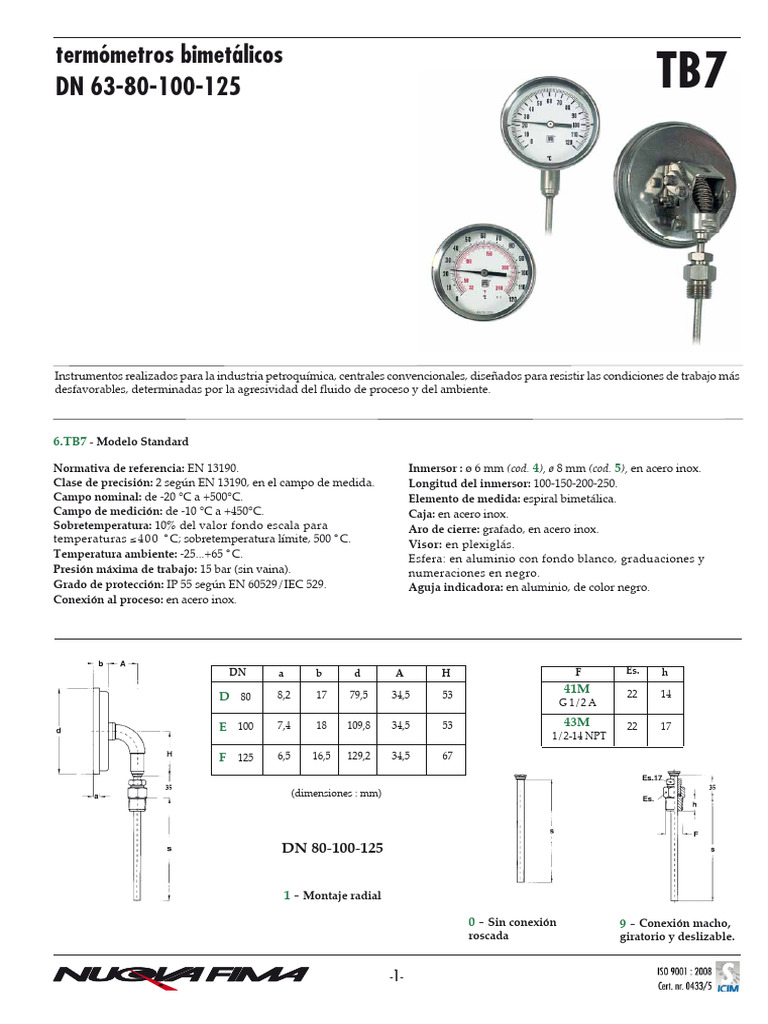 Termómetros Bimetálicos DN 63-125 | PDF | Física Aplicada e ...