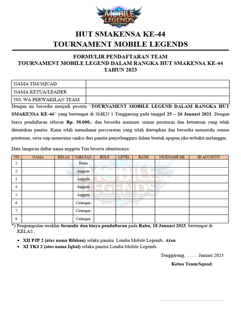 Formulir Pendaftaran Mobile Legend | PDF Formulir Pendaftaran Mobile Legend | PDF
