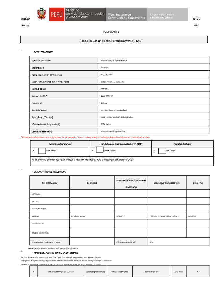 Anexo 01 - Ficha Postulación | PDF | Perú