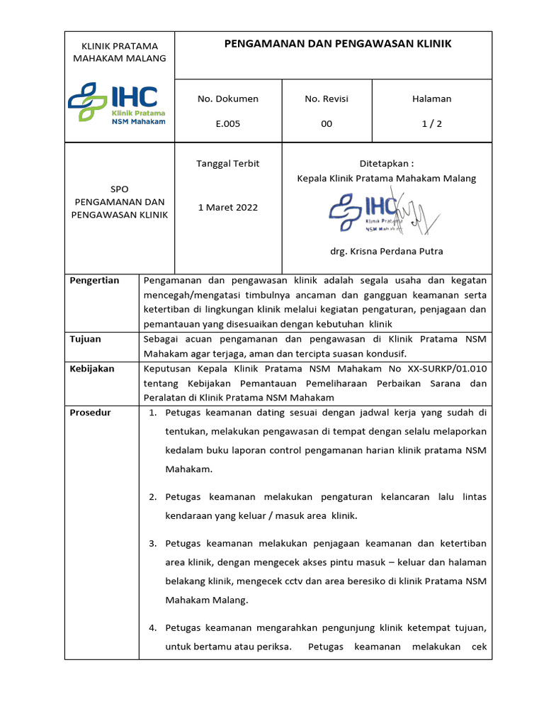 E.005 SPO Pengawasan Dan Pengamanan Klinik | PDF E.005 SPO Pengawasan Dan Pengamanan Klinik | PDF