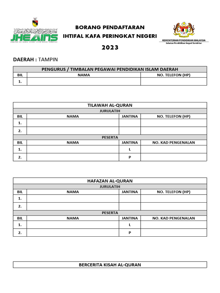 Borang Pendaftaran Ihtifal Kafa Negeri 2023 | PDF