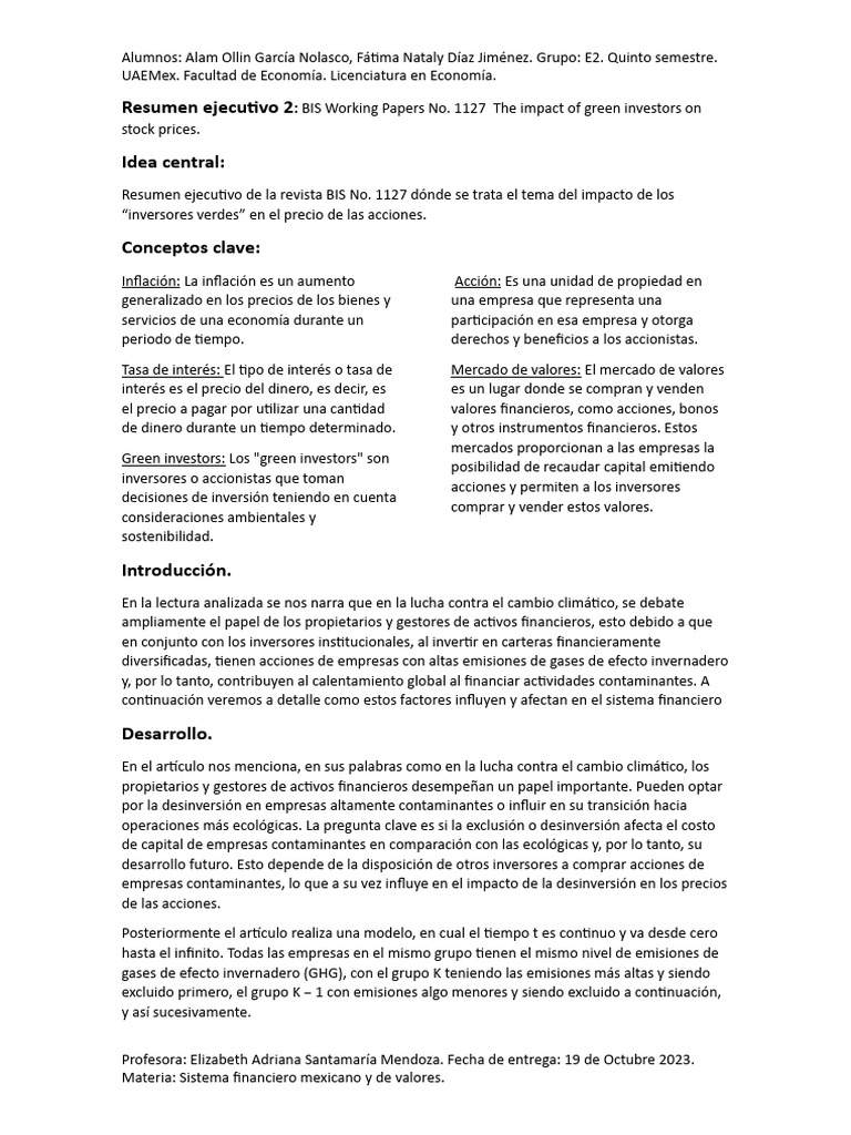 Resumen Ejecutivo 2 Segundo Parcial | PDF | Compartir (Finanzas) | Inversiones