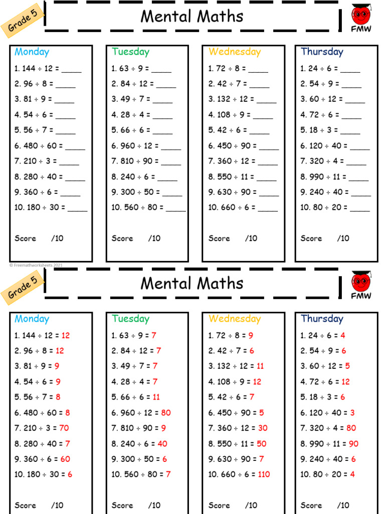 Grade 5 Mental Maths Division Worksheet 1 | PDF