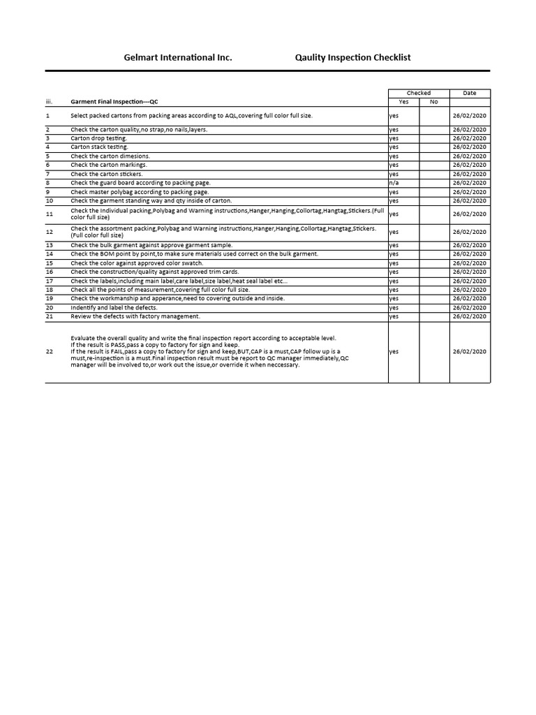 Gelmart Garment Inspection Checklist WO43327 PO 9921 Intimate Apperal ...