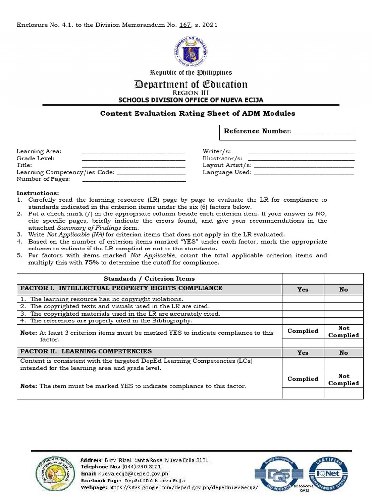 Content Evaluation Rating Sheet of ADM Modules | PDF | Learning ...