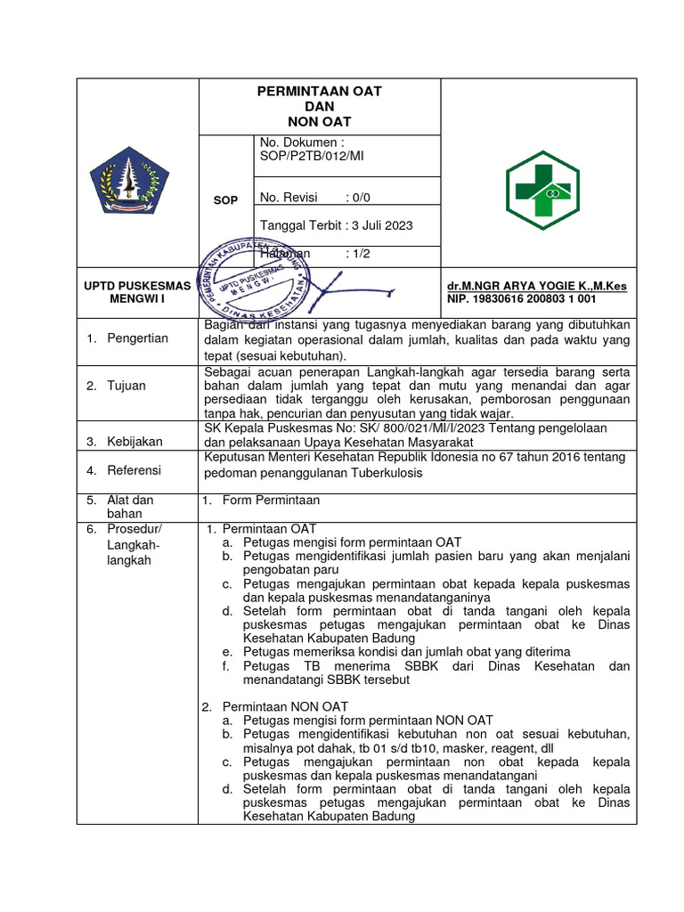 Sop Permintaan Oat Dan Non Oat 2023 - Puskesmas Mengwi 1 | PDF